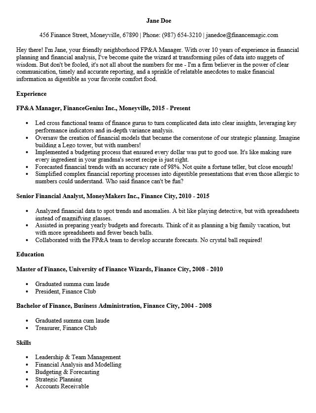 Build The Best FP&A Resume With Examples And Templates - Mike's F9 ...